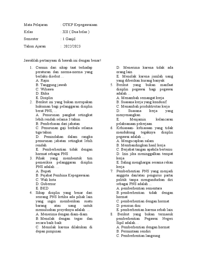Soal Kelas Xii Semester I | PDF