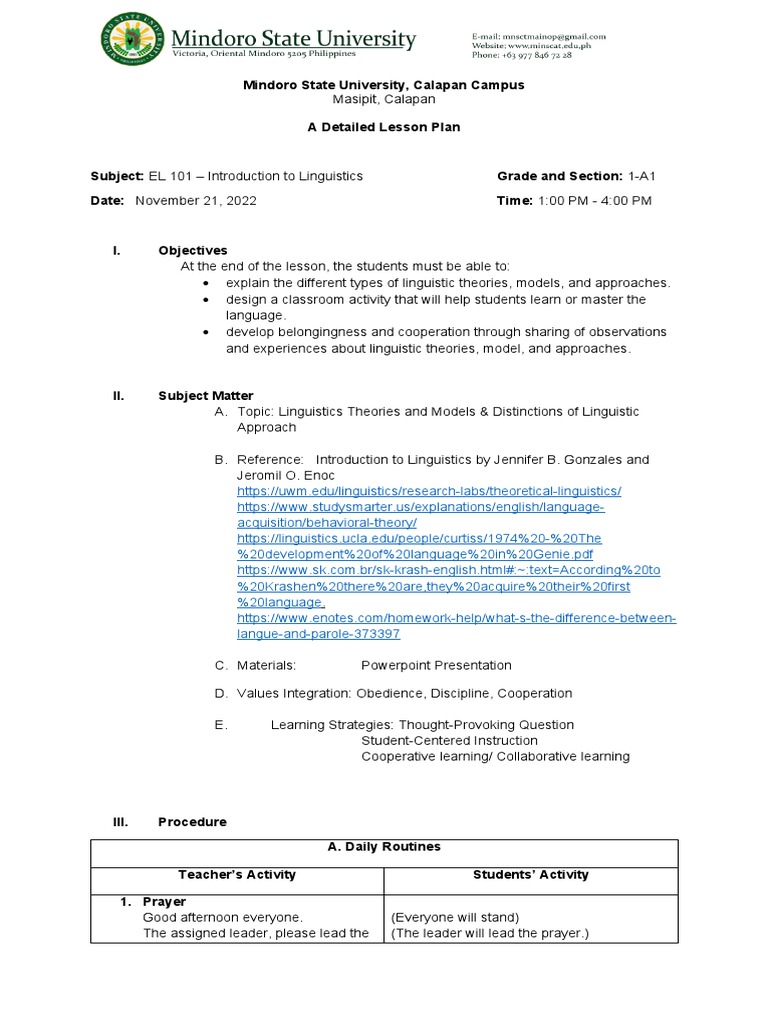 Belijion - Lesson Plan in El 101 | PDF | Language Acquisition | Academic Discipline Interactions