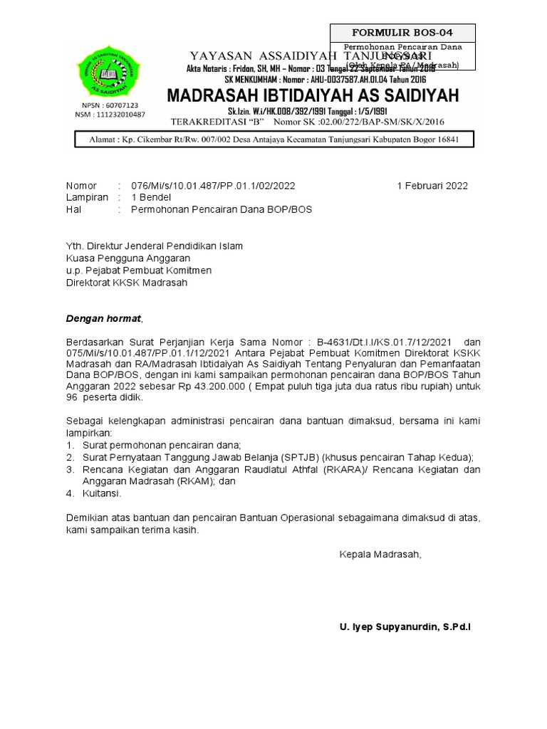 BOS-04 Surat Permohonan Pencairan Dana - 487 | PDF