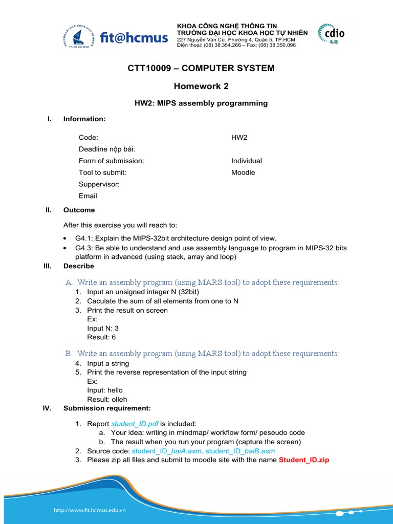 Ctt10009 - Computer System Homework 2: HW2: MIPS Assembly Programming ...