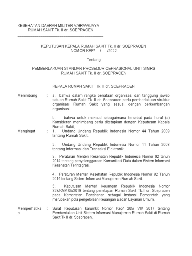 SK Pemberlakuan Spo Unit Simrs | PDF | Pengelolaan Keuangan & Uang