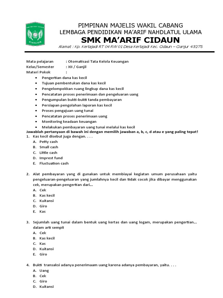 Soal & Jawaban Otk Keuangan Kelas 12 Semester 1 2021 | PDF Soal & Jawaban Otk Keuangan Kelas 12 Semester 1 2021 | PDF
