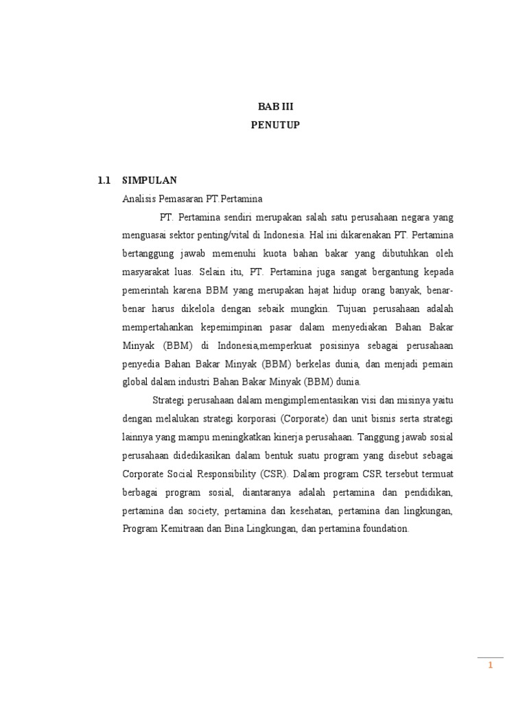 Simpulan Analisis Pemasaran PT - Pertamina | PDF