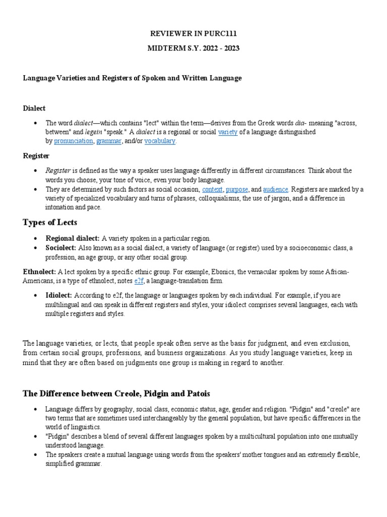 Language Varieties and Registers Explained | PDF | Dialect ...