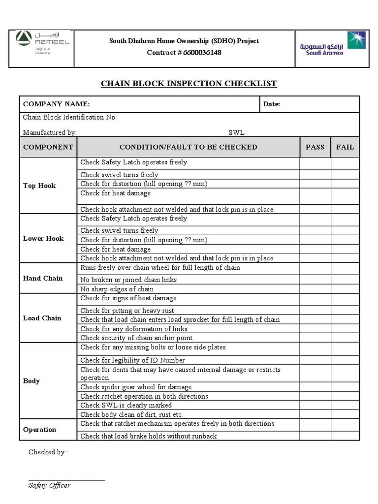 Chain Block Inspection Checklist Form | PDF