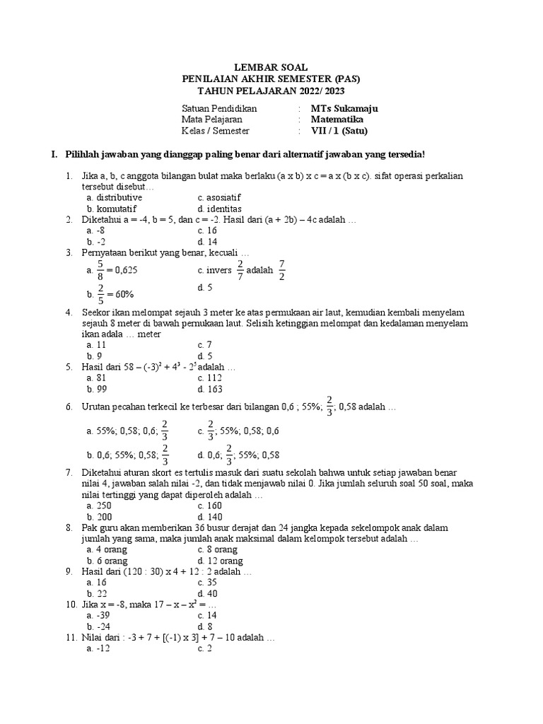 Soal Pas MTK Kls 7 (2022-2023) | PDF