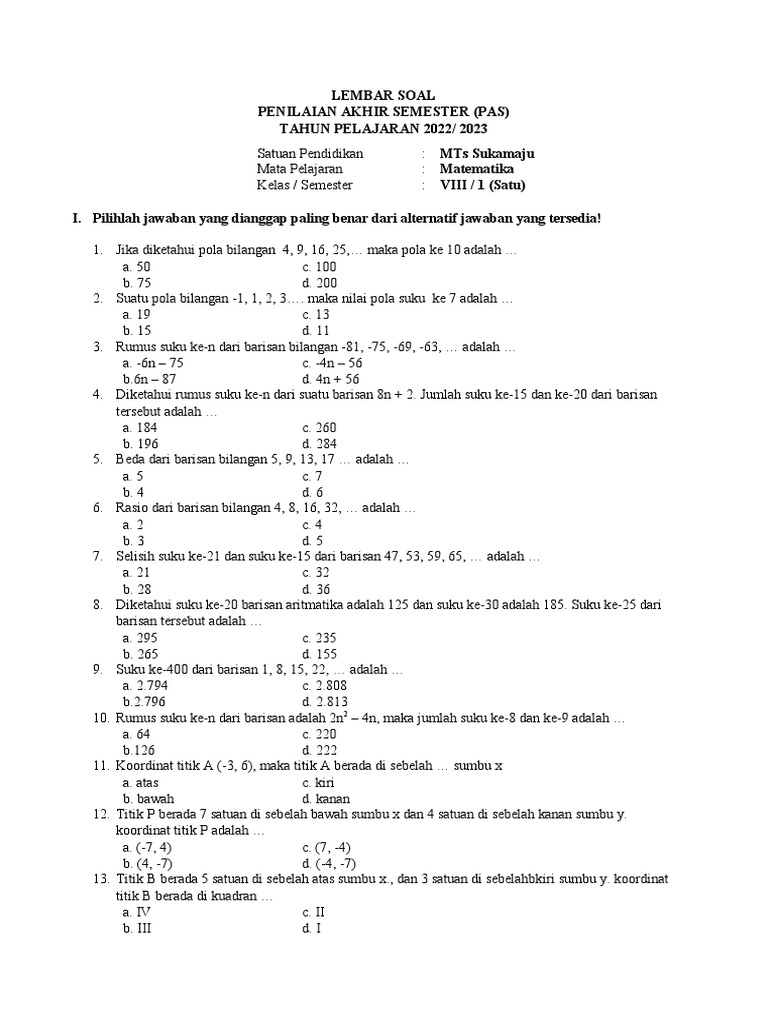 Soal Pas MTK Kls 8 (2022-2023) | PDF