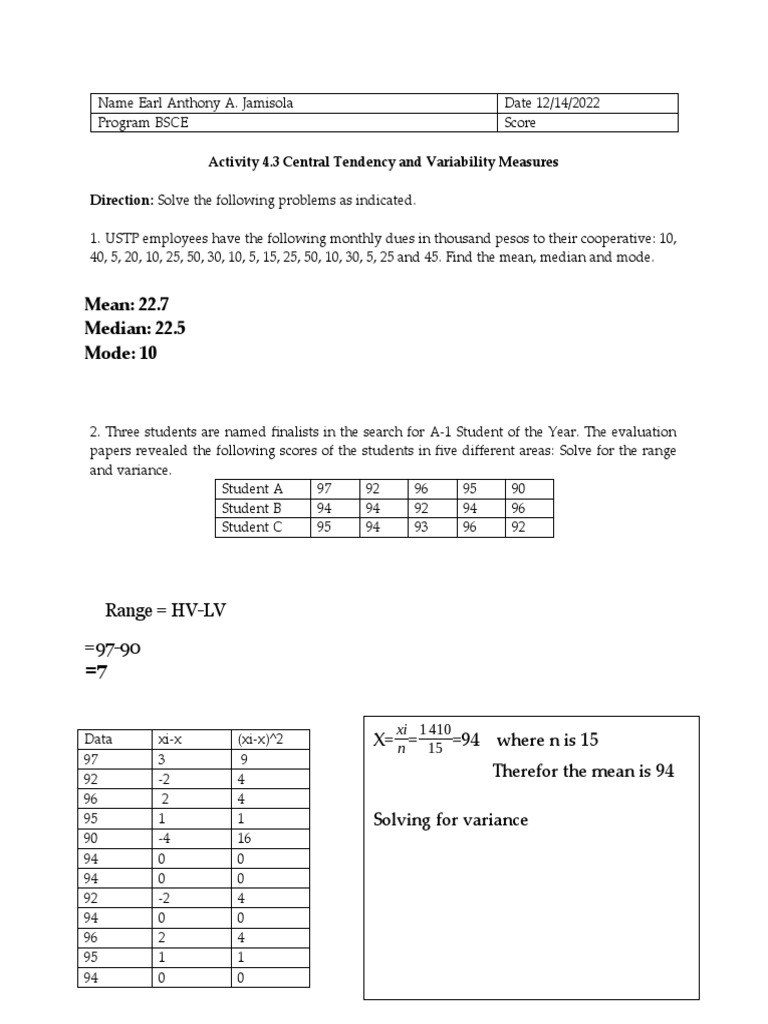 Central Tendency and Variability Analysis | PDF | Teaching Methods ...