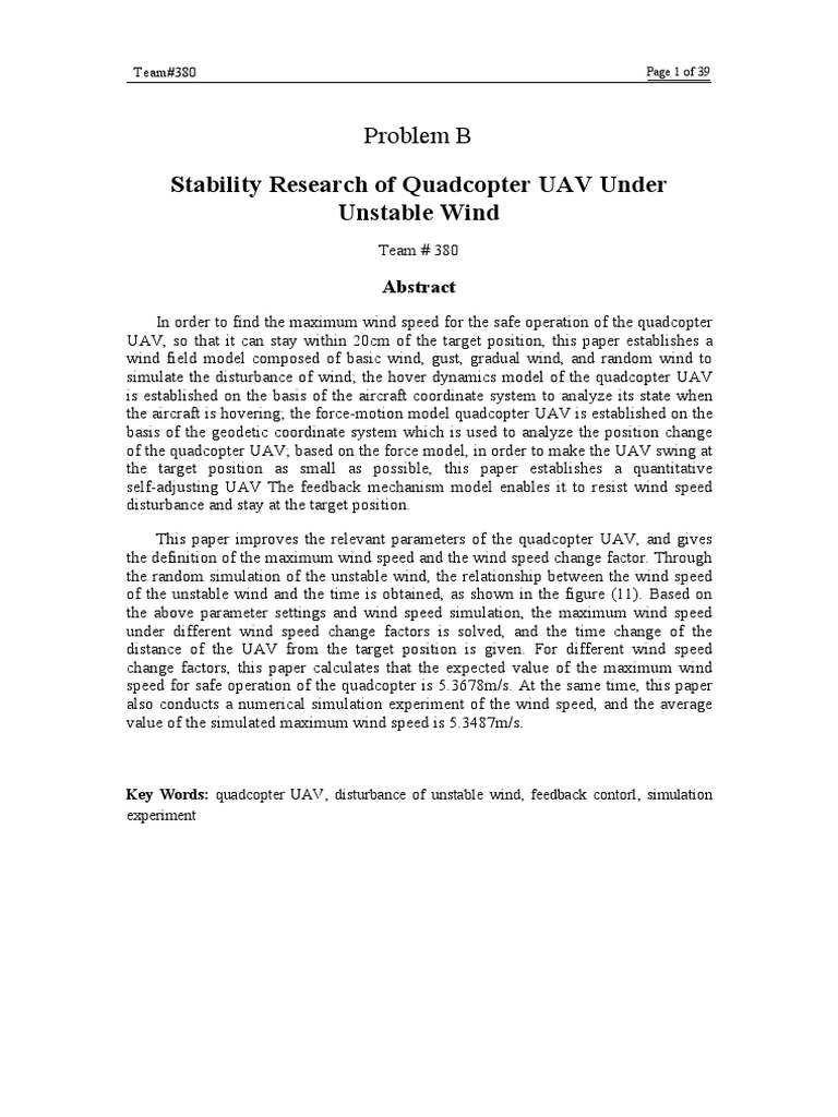 Stability Research of Quadcopter UAV Under Unstable Wind: Problem B | PDF | Unmanned Aerial ...