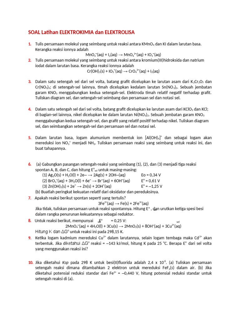 Soal Latihan Elektrokimia Dan Elektrolisa | PDF | Sains & Matematika