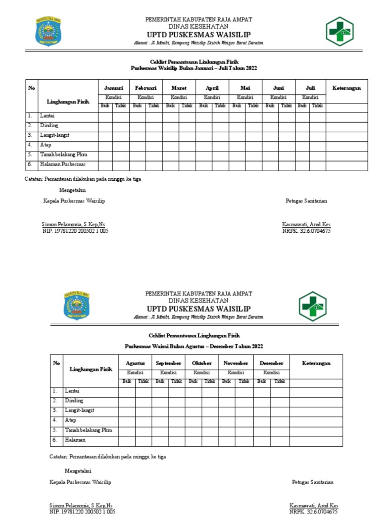 Lembar Ceklist Pemantauan Lingkungan Fisik | PDF