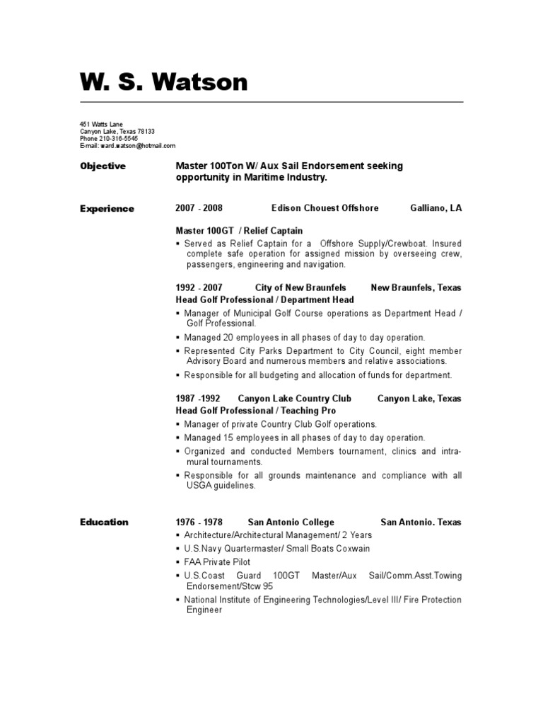 Captains Resume | PDF | Water Transport | Ships