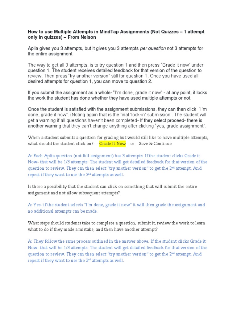 MindTap - How To Use Multiple Attempts in MindTap Assignments | PDF
