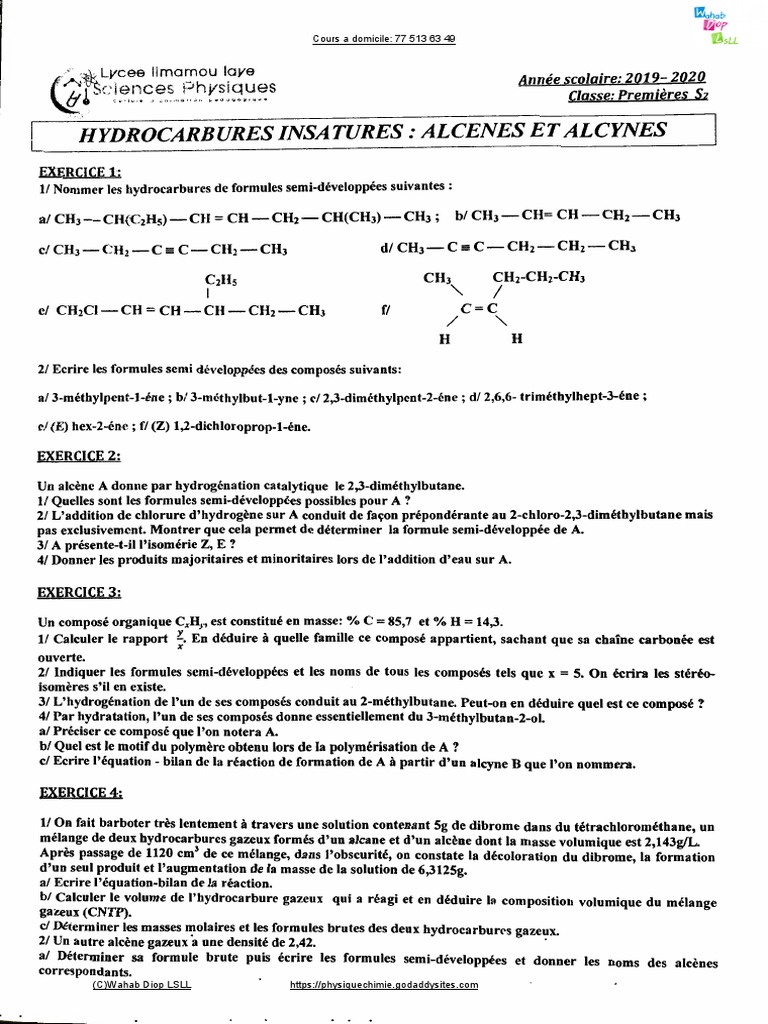Exercices sur alcènes et alcynes | PDF | Hydrogénation | La combustion