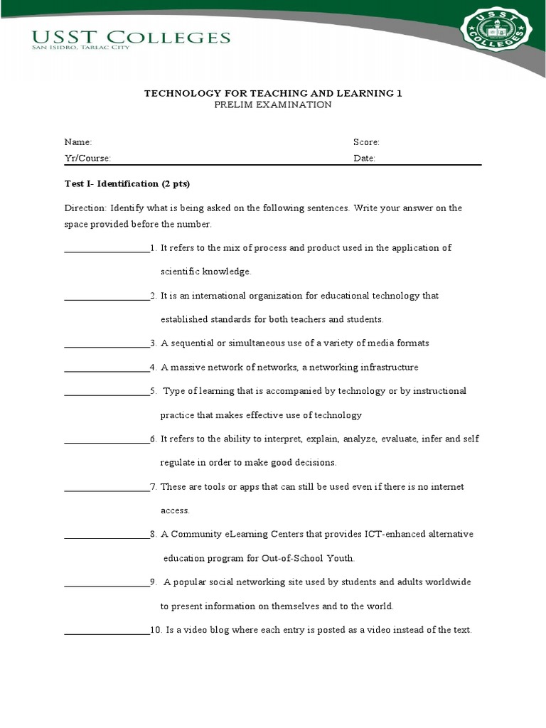 Prelim Exam for Teaching Technology 1 | PDF | Educational Technology | Teaching Method