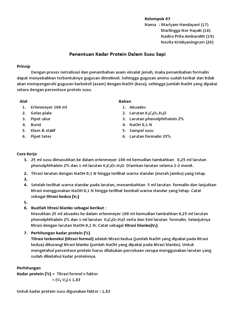 Jobsheet - Penentuan Kadar Protein Dalam Susu Sapi | PDF