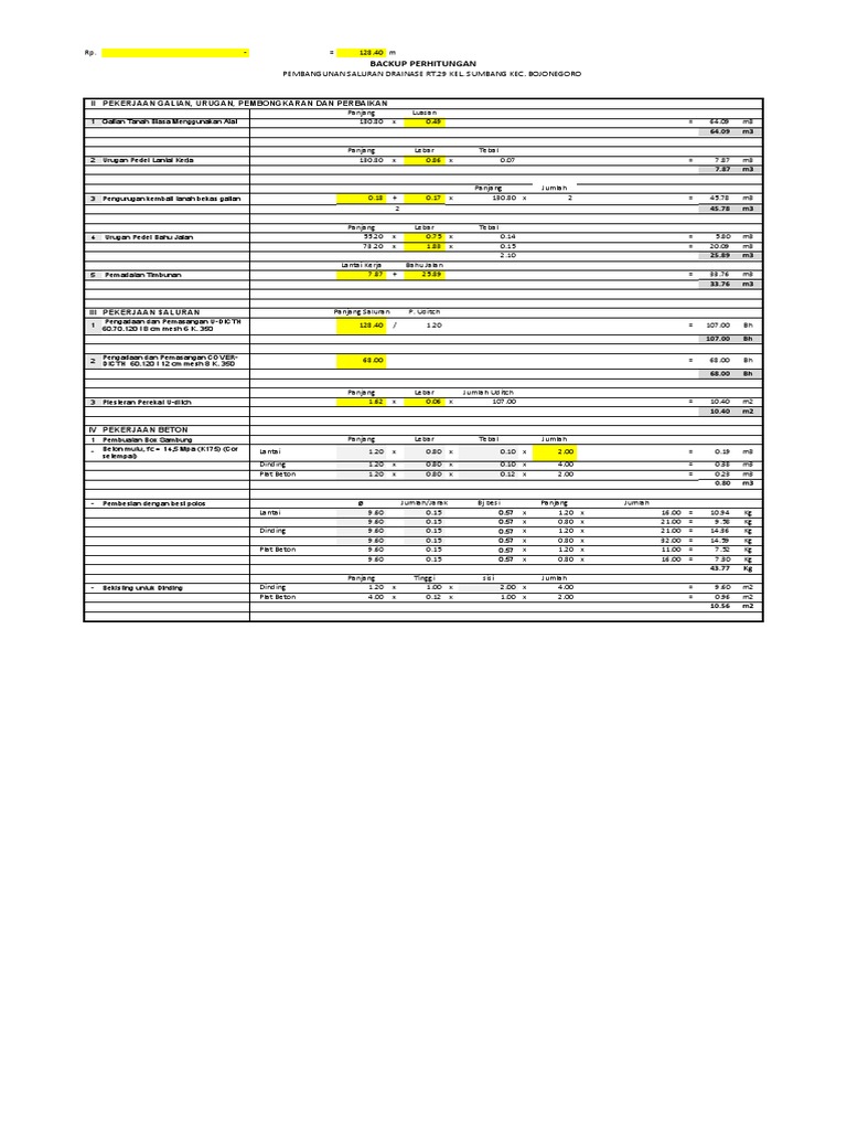 RAB - Pembangunan Saluran Drainase RT.29 Kel. Sumbang - Rev | PDF