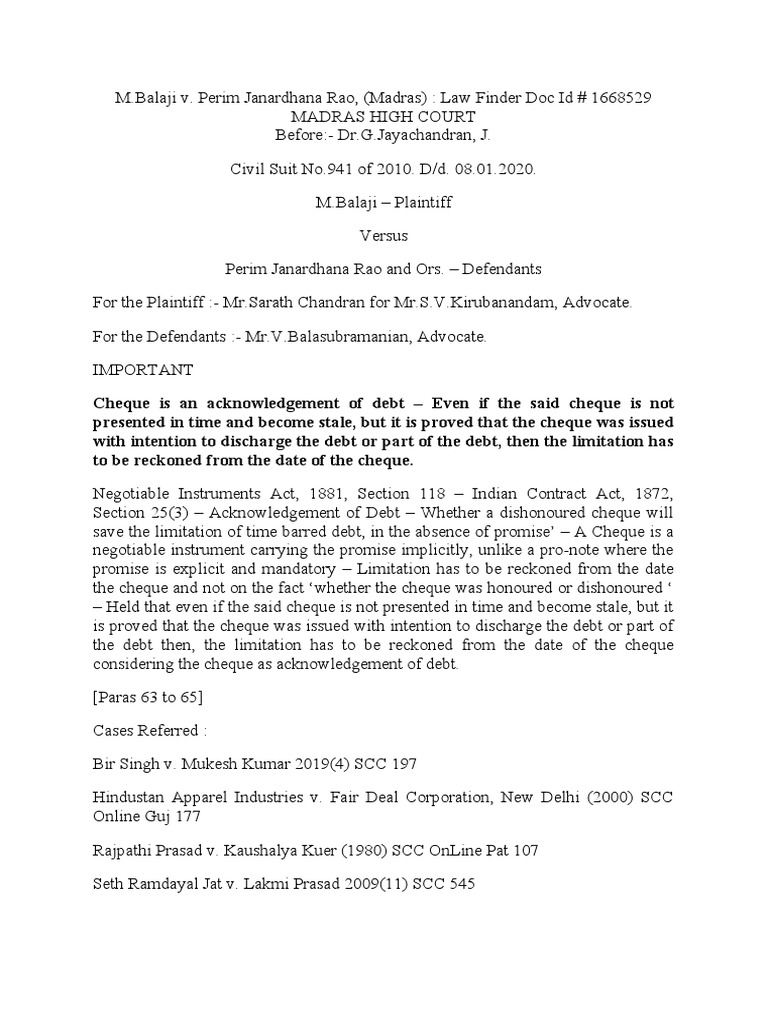 Case Law - Issue of Cheques Ack. of Debt | PDF | Lawsuit | Cheque