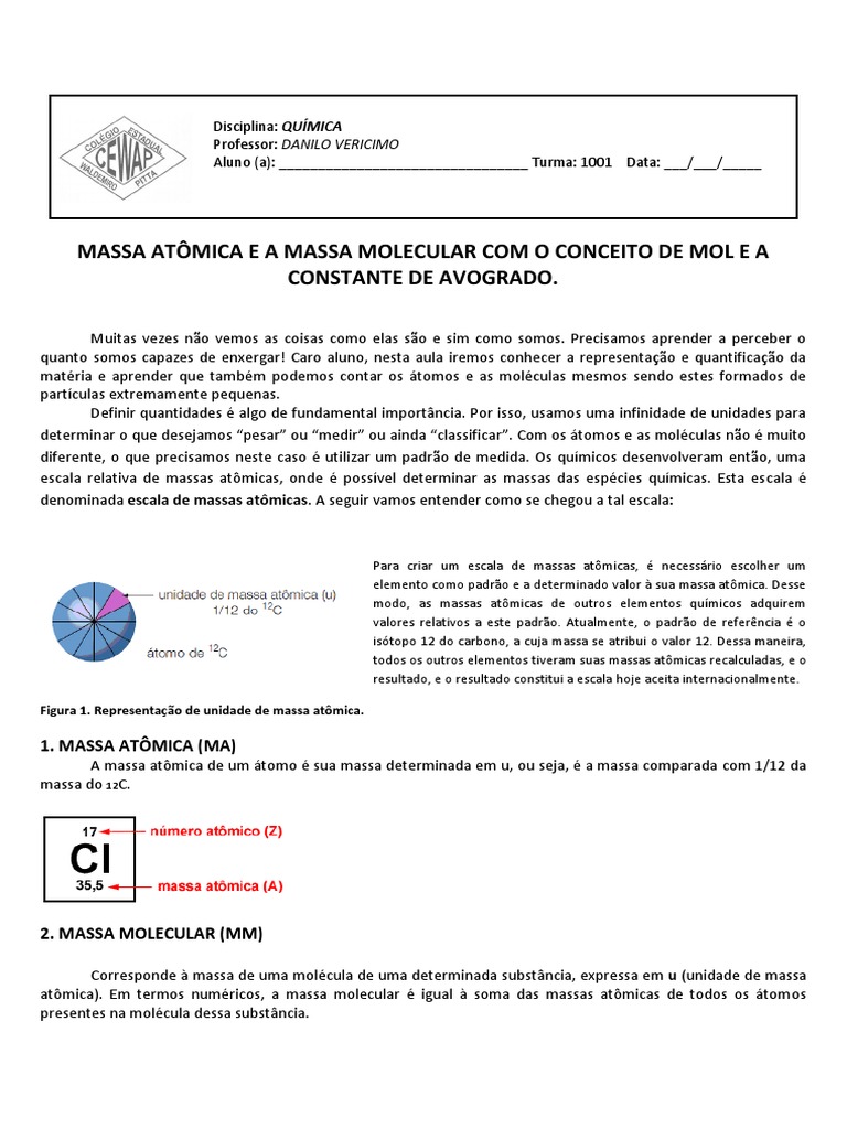 AULA 1 - Química - 2 º Ano CN - MASSA ATÔMICA E A MASSA MOLECULAR COM O ...