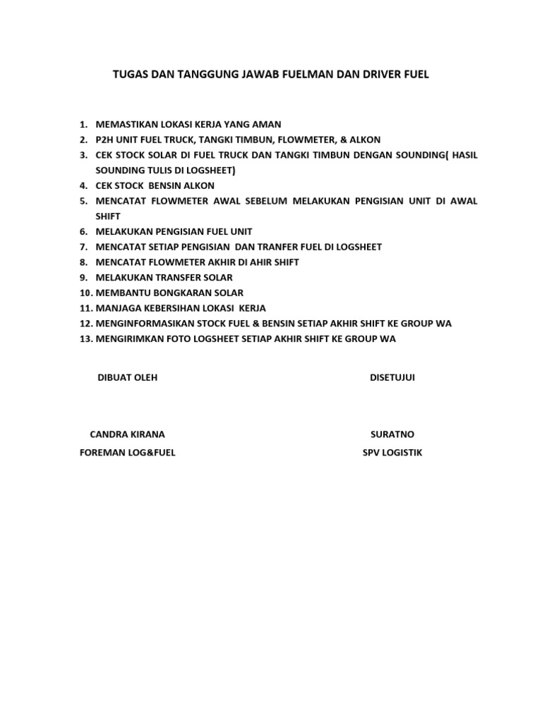 Tugas Dan Tanggung Jawab Fuelman Dan Driver Fuel | PDF