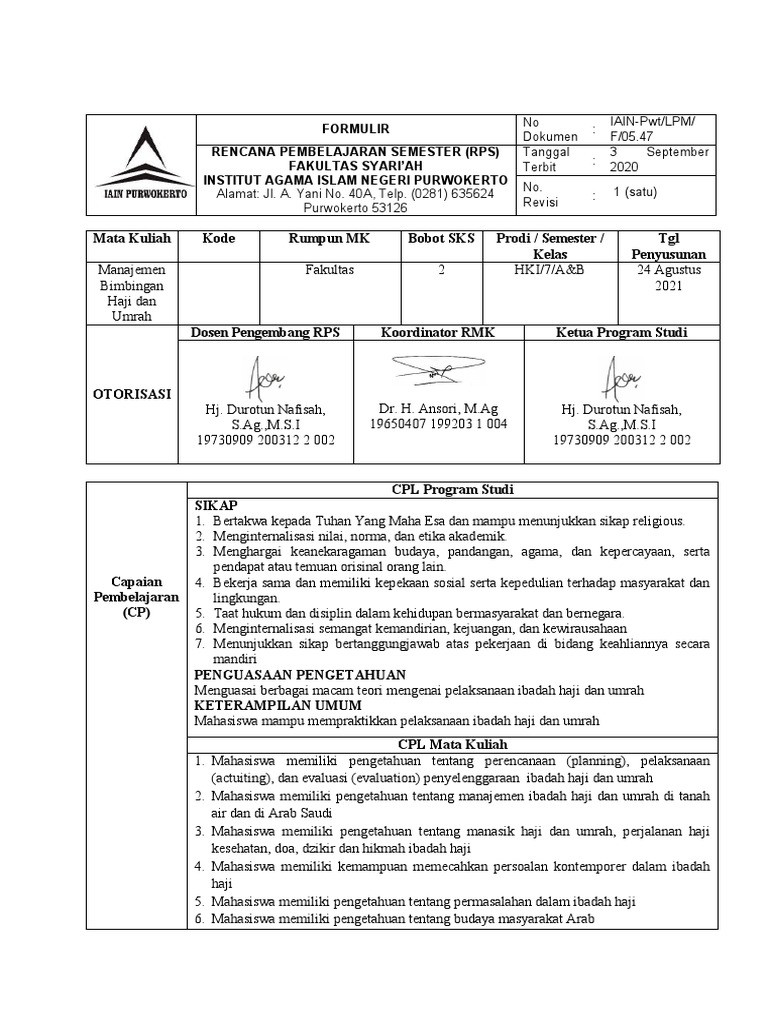 7 HKI A&b RPS Manajemen Bimbingan Haji Dan Umrah GSL 2021 | PDF