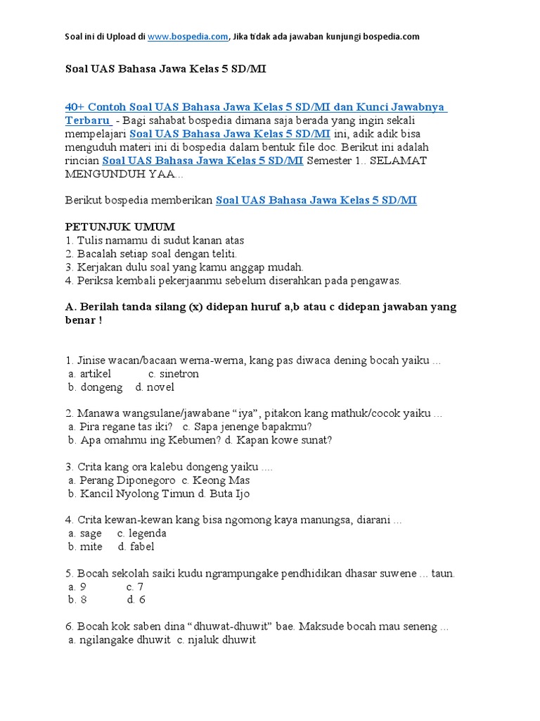 40+ Contoh Soal UAS Bahasa Jawa Kelas 5 SD MI Dan Kunci Jawabnya | PDF