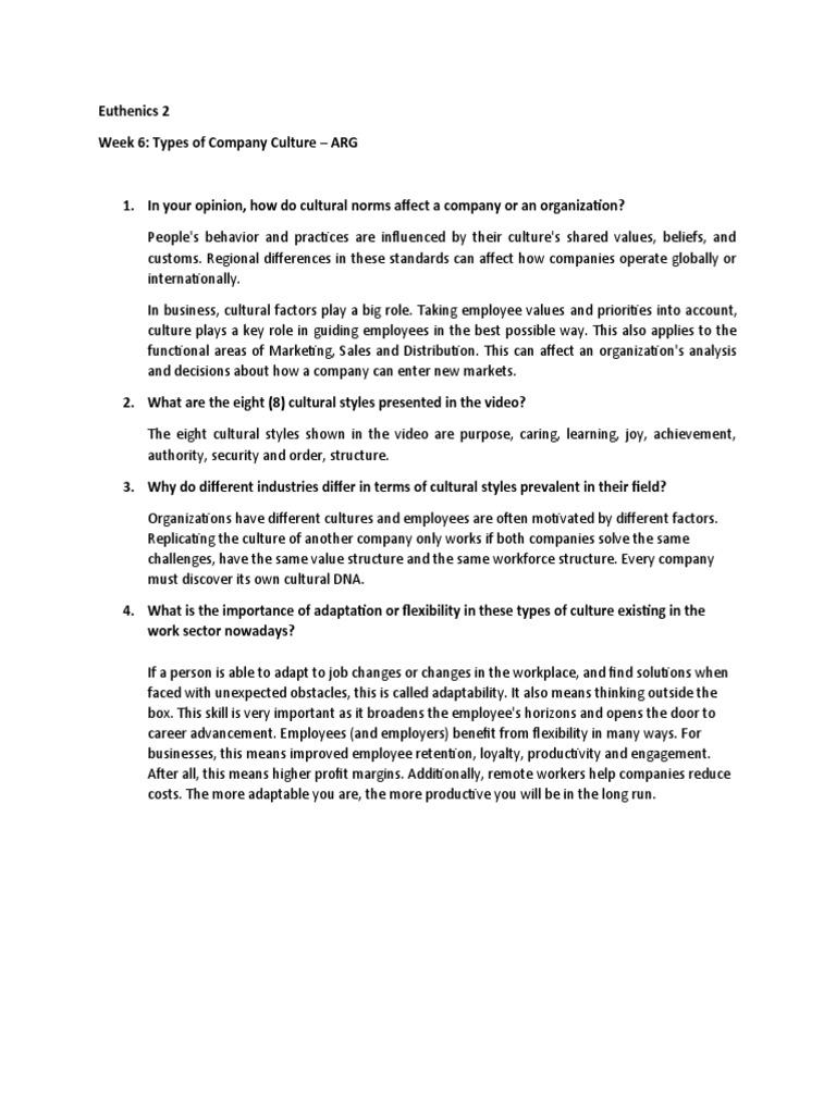 Euthenics 2 - Week 6 Types of Company Culture - ARG | PDF Euthenics 2 - Week 6 Types of Company Culture - ARG | PDF
