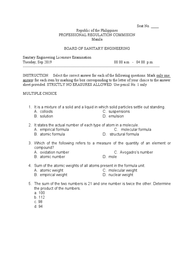 Sep 2019 Sanitary PreBoard Exam 1 | PDF | Formula | Molecules