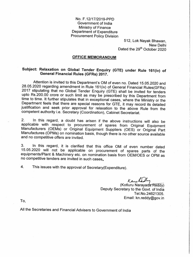 Relaxation On Global Tender Enquiry (GTE) Under Rule 161 (IV) of ...