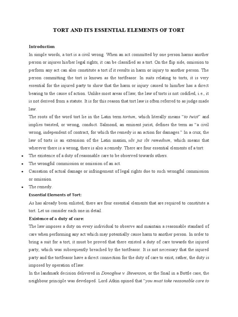 Meaning of Tort & Elements of Tort | PDF | Duty Of Care | Tort