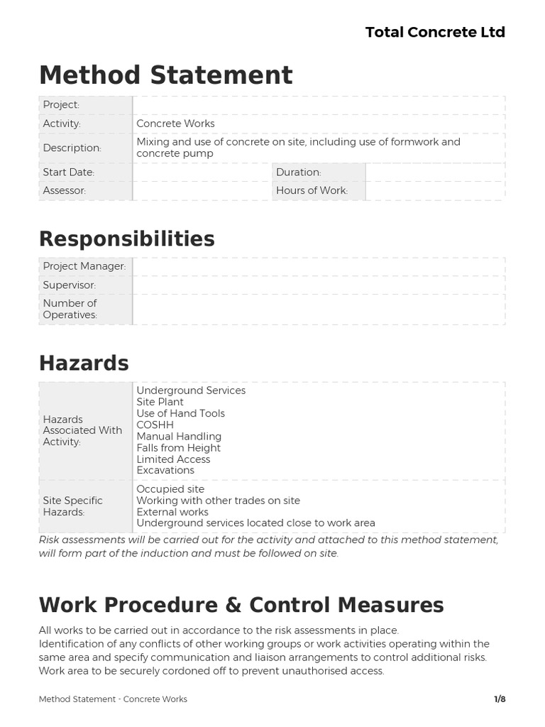 Method Statement Concrete Works 2019 | PDF | Concrete | Personal Protective Equipment