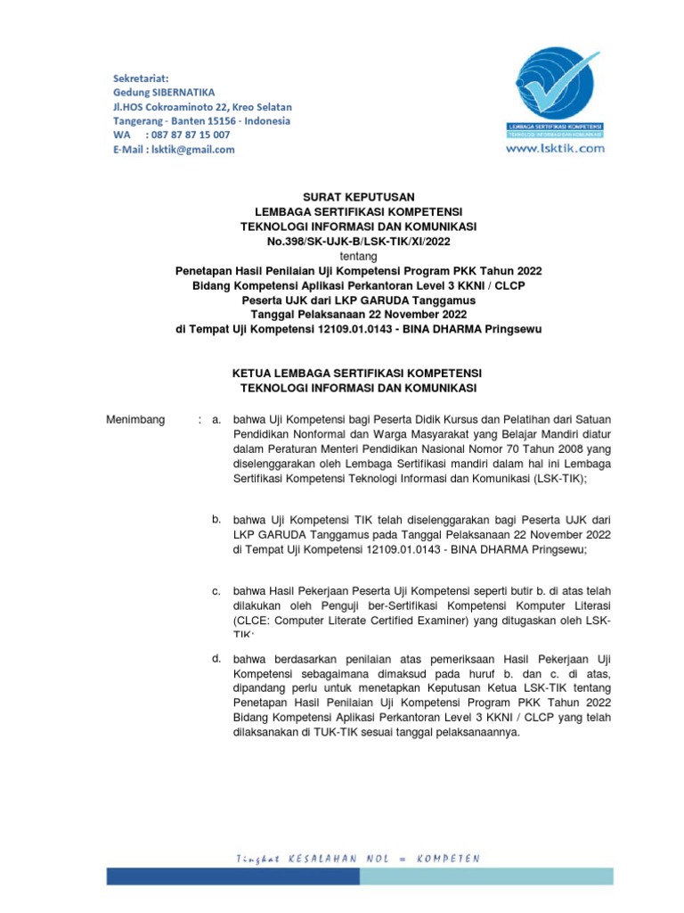 398-Pengumuman Hasil Ujk PKK 2022 - CLCP - Bina Dharma - Garuda Tanggamus - 22 11 | PDF