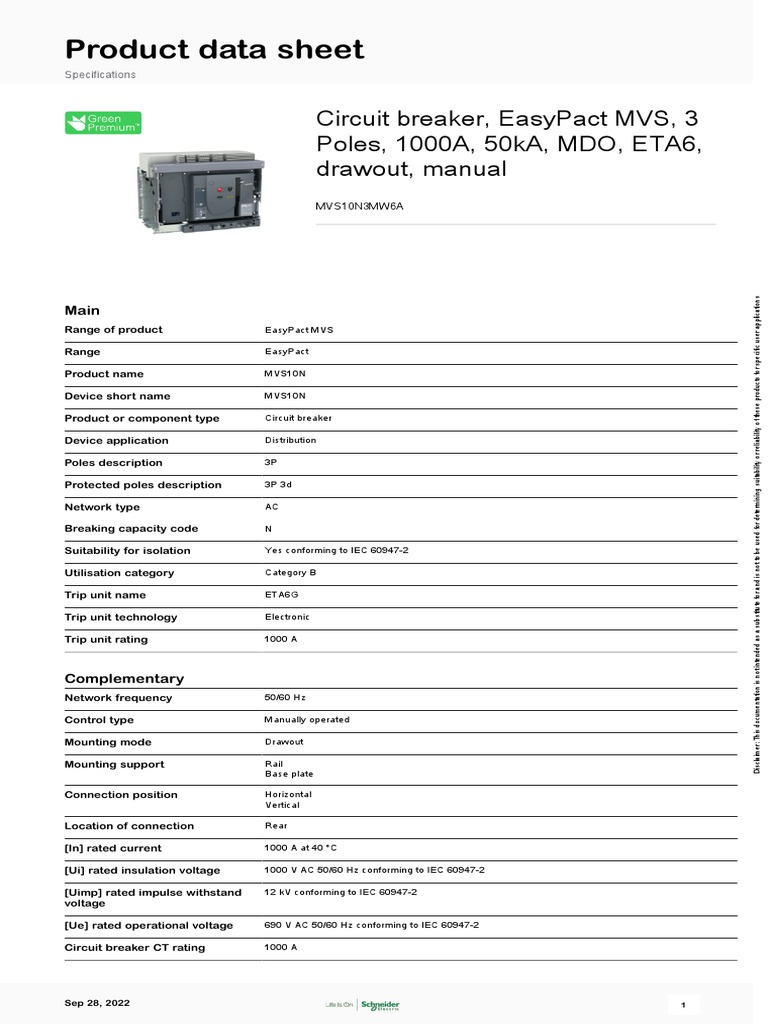 EasyPact MVS Circuit Breaker Data Sheet | PDF | Alternating Current ...