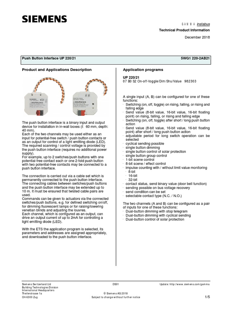 A6V10416506 - Push Button Interface UP 220 - AB21 - en | PDF | Switch ...