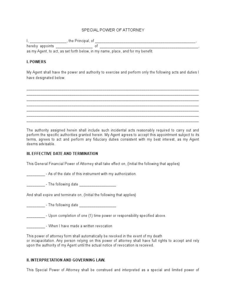 Special Power of Attorney Template | PDF | Power Of Attorney | Notary ...