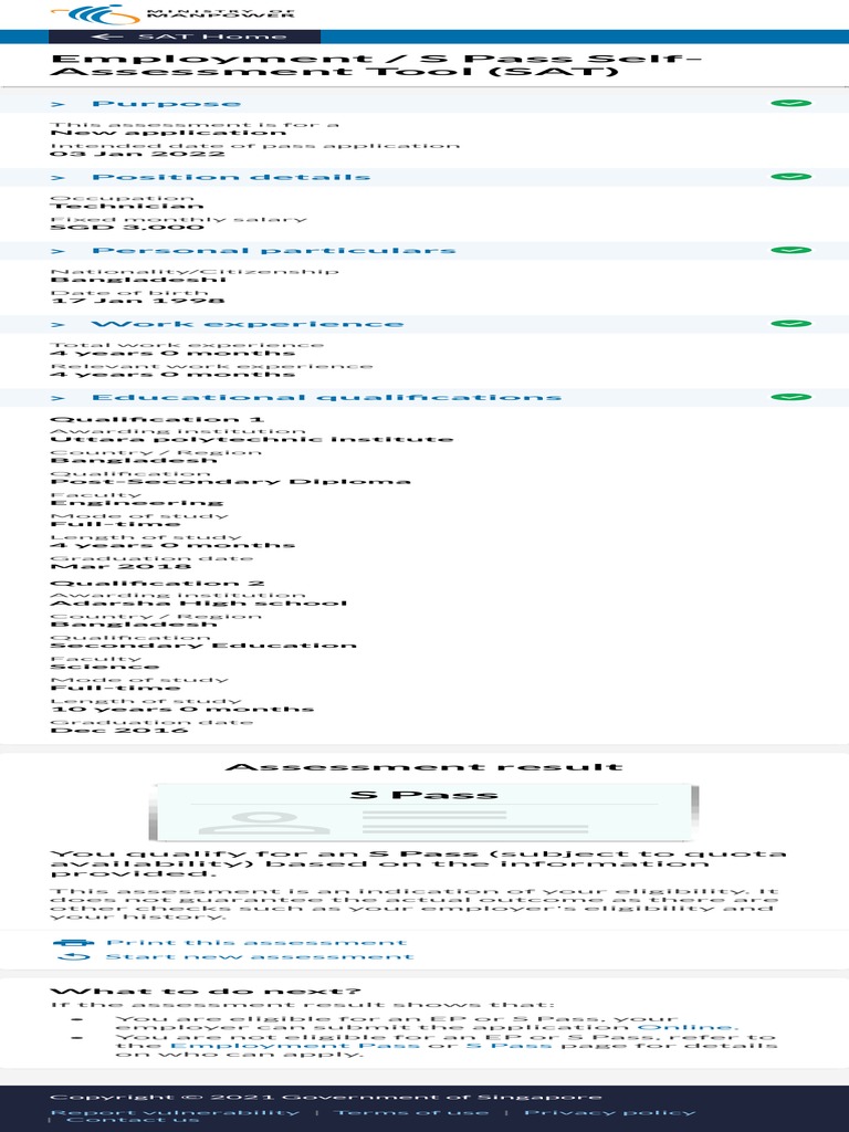 MOM Employment S Pass Self Assessment Tool (SAT) | PDF