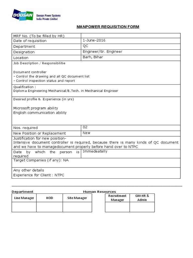 Manpower Requisition Form | PDF