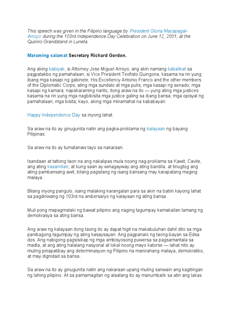 Speech (Gloria - Independence Day) Tagalog | PDF