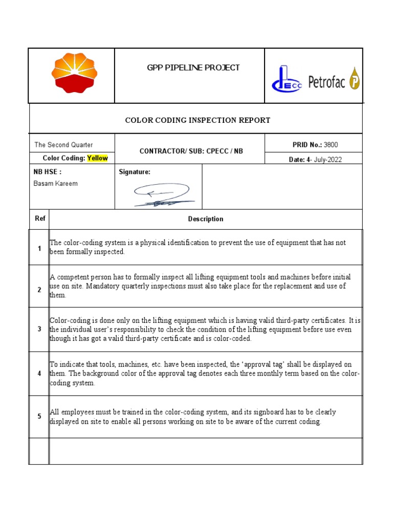 Color Coding Inspection Report | PDF