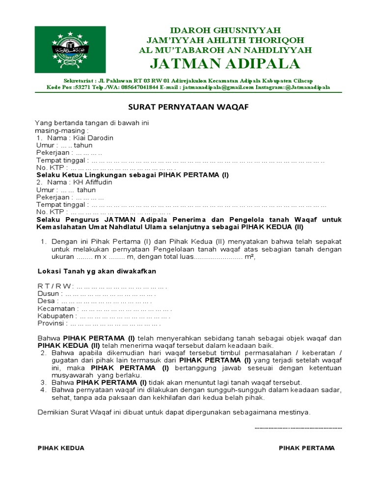 Surat Pernyataan Wakaf Jatman Adipala | PDF