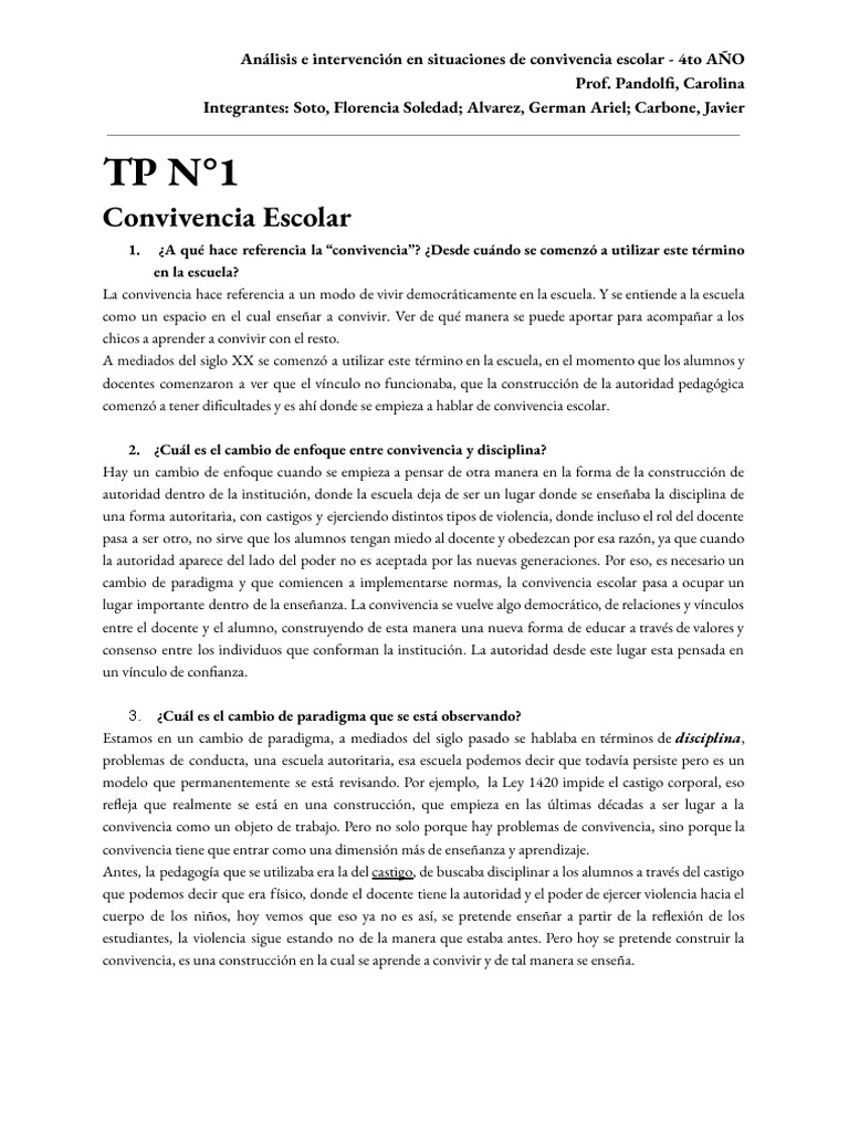 TP N°1 - Convivencia Escolar. | PDF | Método de enseñanza | Violencia