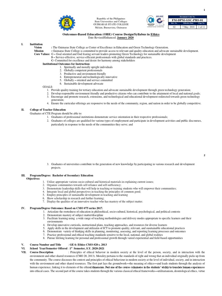 Syllabus in Ethics - BSED AY 2020-2021 20-2 | PDF | Teaching Method | Learning