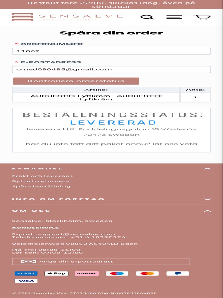 Spåra Din Order – Sensalve | PDF