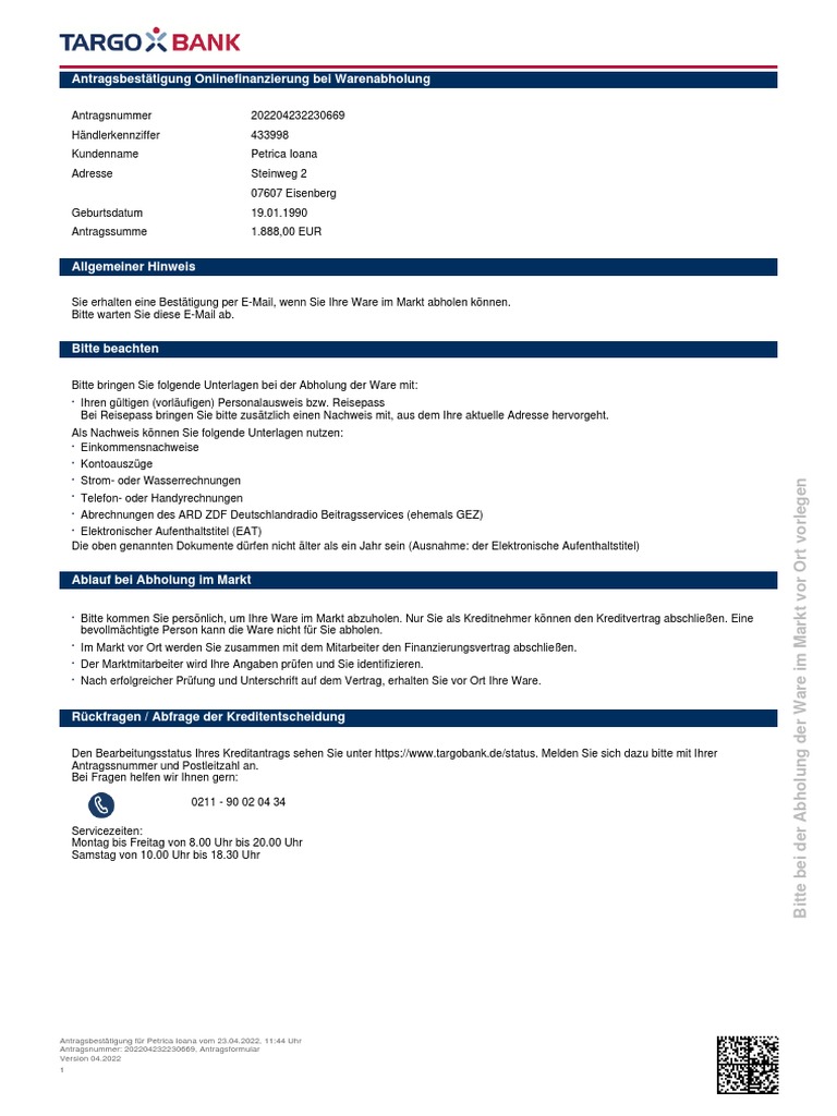 Targo Bank An Trag | PDF