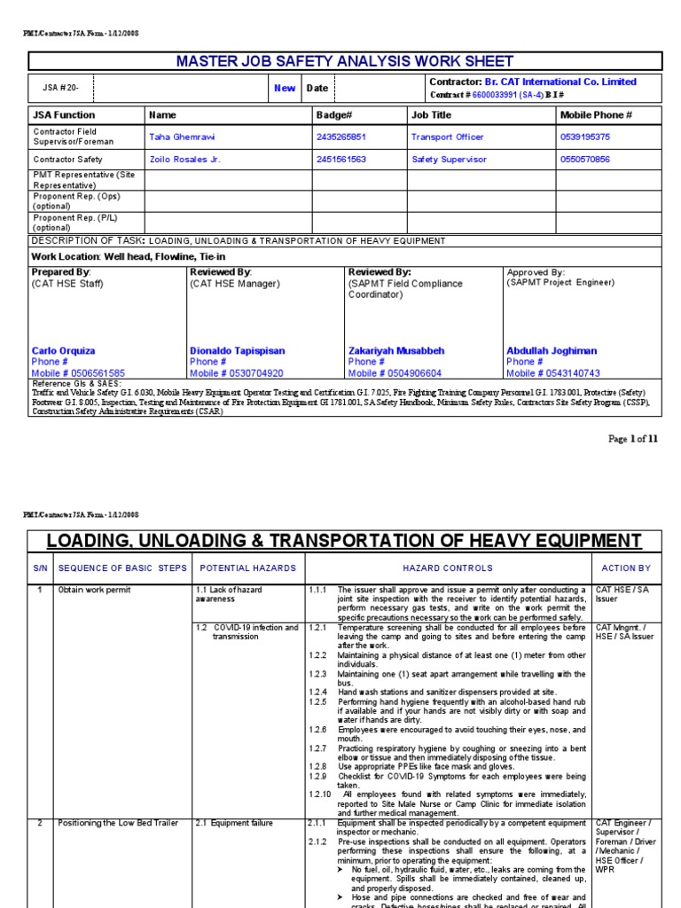 Heavy Equipment Loading Safety JSA | PDF | Truck | Hand Washing