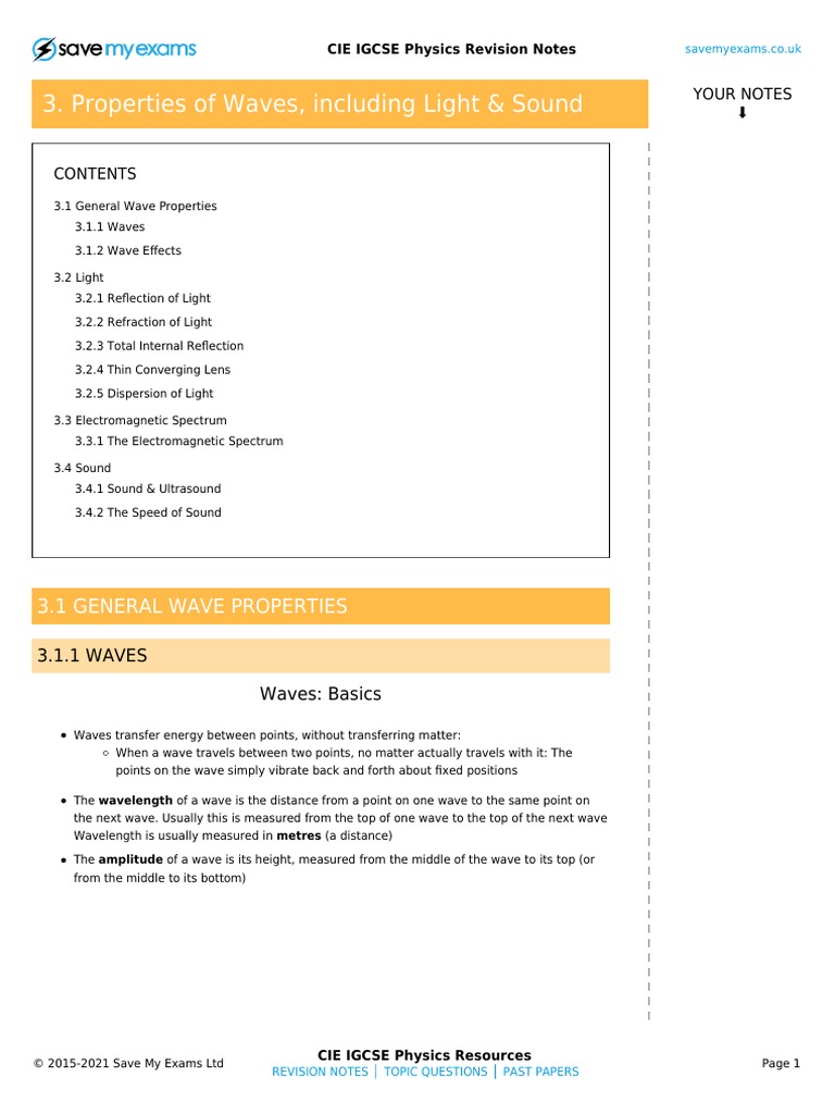 CIE IGCSE Physics CIE IGCSE Physics 3.1.1 Waves SaveMyExams | PDF ...