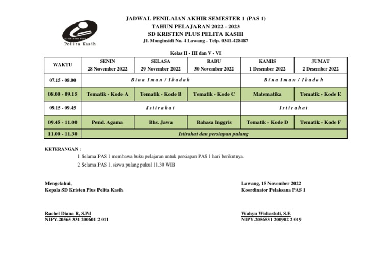 Jadwal PAS 1 THN 2022-2023 Kls 2,3,5,6 | PDF