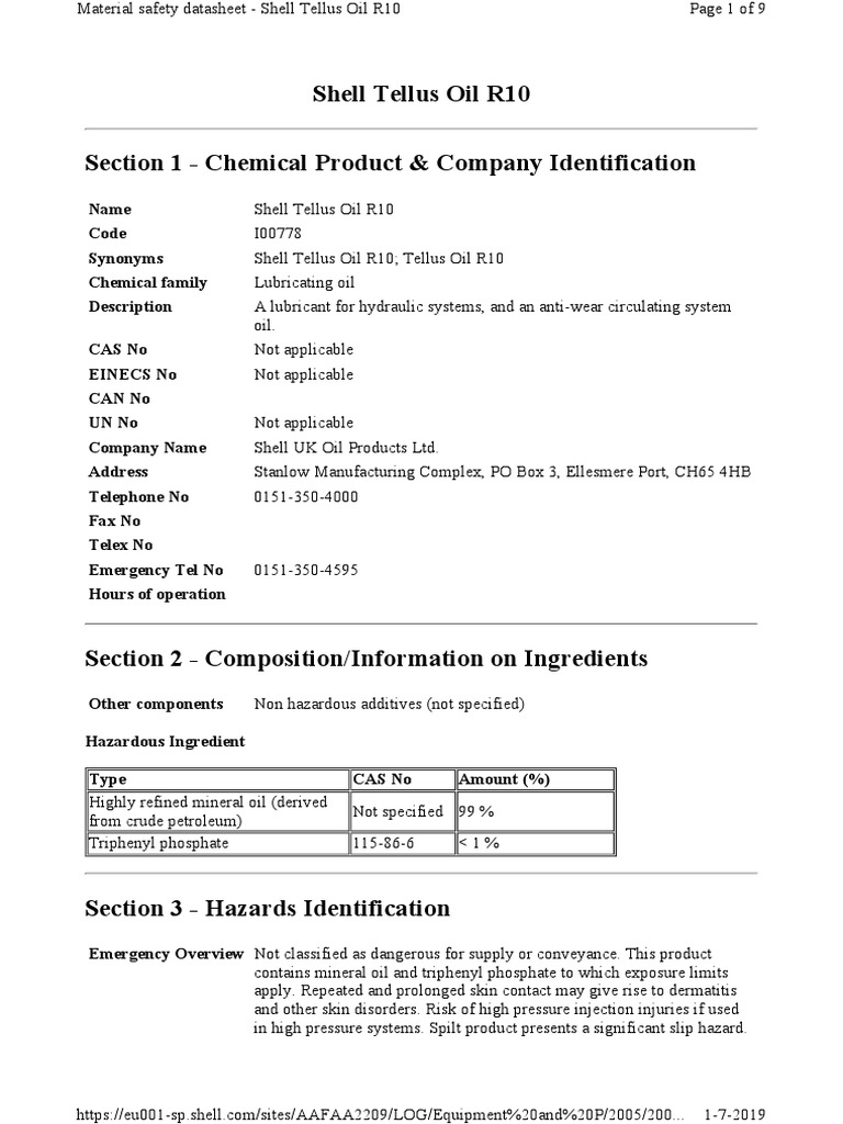 Shell Tellus Oil R10 | PDF | Toxicity | Personal Protective Equipment