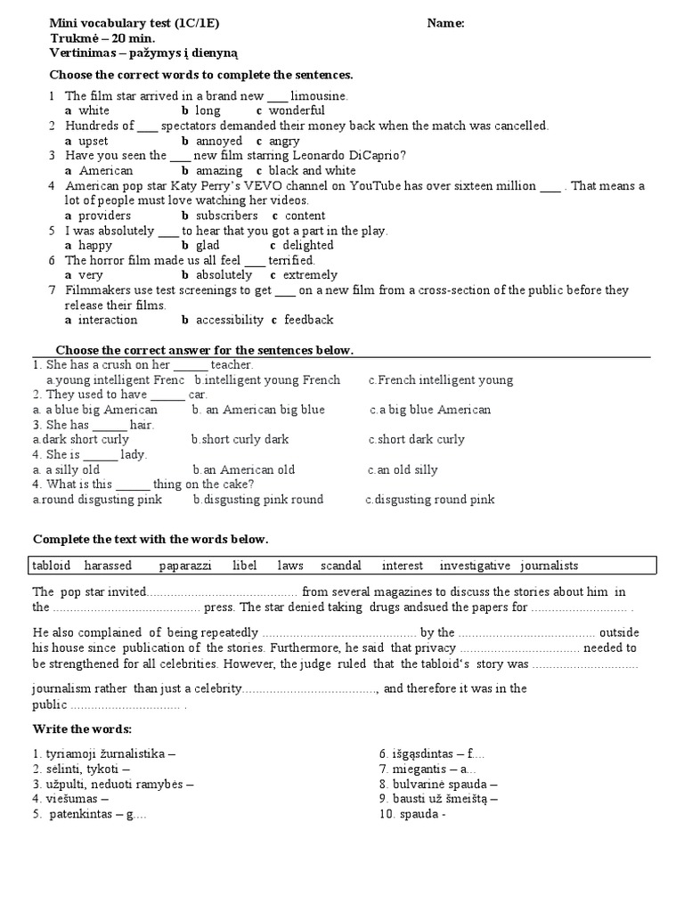III Kl. Mini Vocabulary Test | PDF | Communication