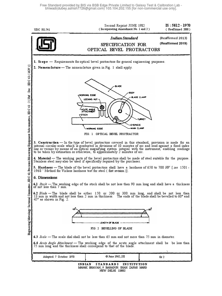 Specification For Optical Bevel Protractors: Indian Standard | PDF ...